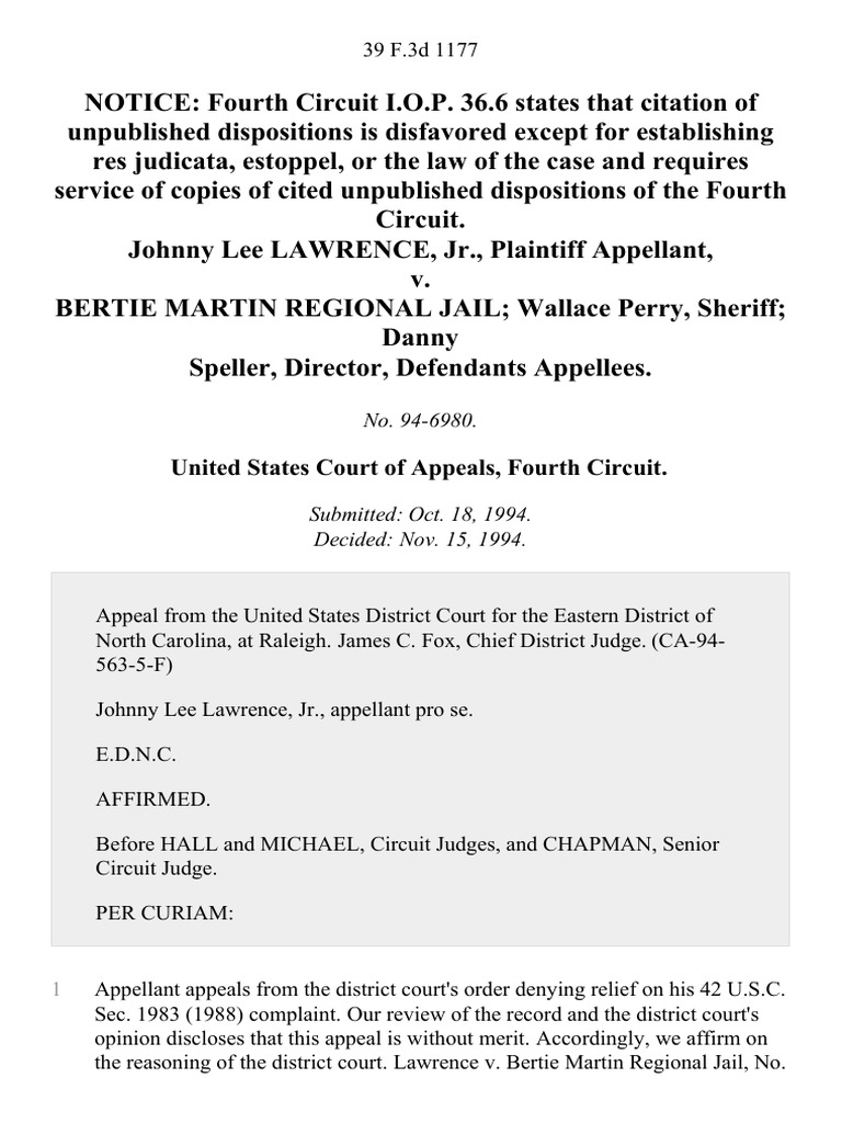 Johnny Lee Lawrence, Jr. v. Bertie Martin Regional Jail Wallace Perry ...
