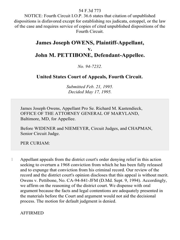 James Joseph Owens v. John M. Pettibone, 54 F.3d 773, 4th Cir. (1995 ...