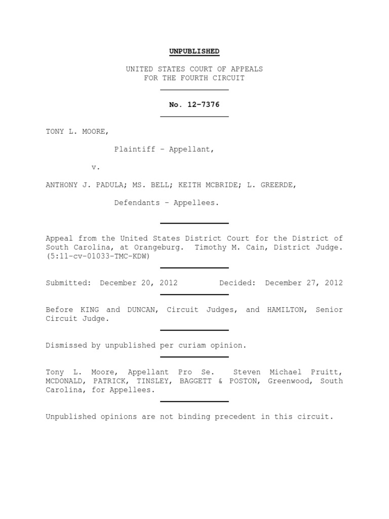 Tony Moore v. Anthony Padula, 4th Cir. (2012) | PDF