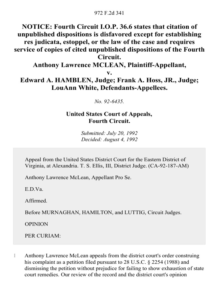 Anthony Lawrence McLean v. Edward A. Hamblen, Judge Frank A. Hoss, JR ...