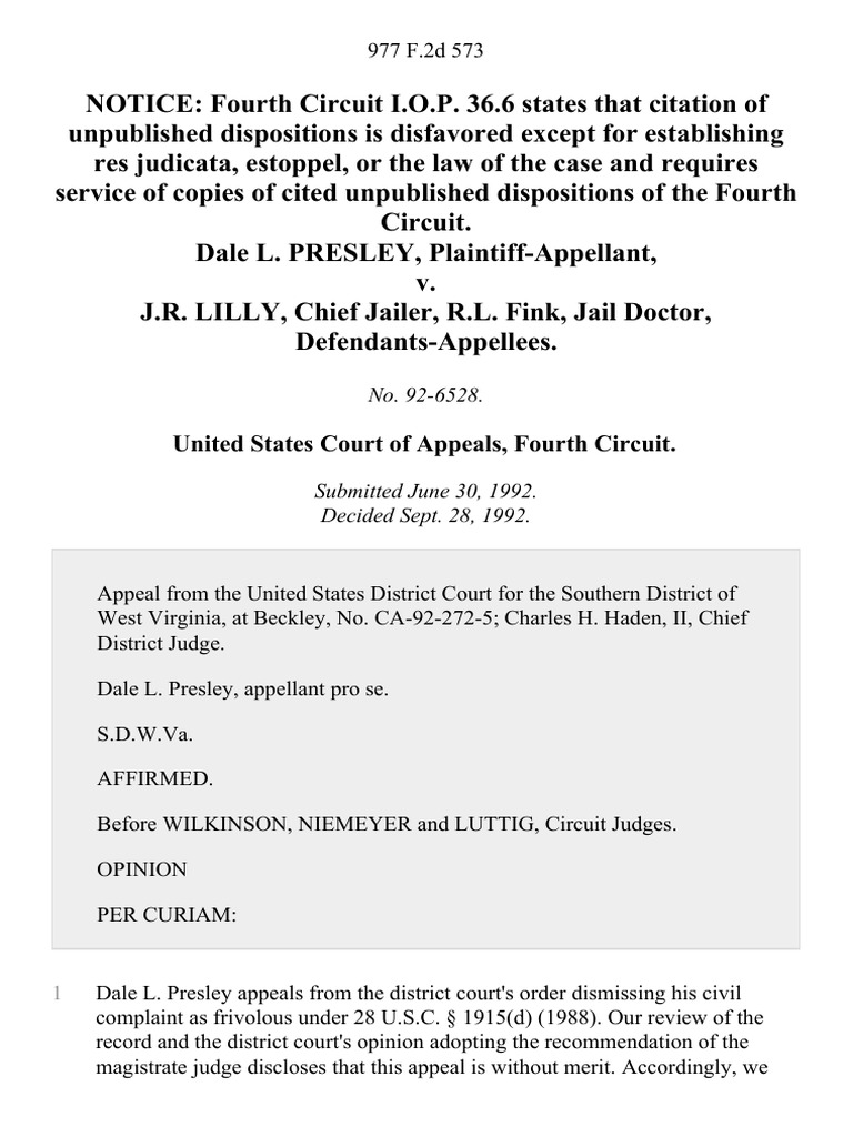 Dale L. Presley v. J.R. Lilly, Chief Jailer, R.L. Fink, Jail Doctor ...