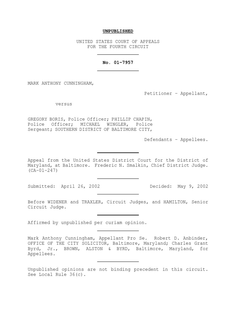 Cunningham v. Boris, 4th Cir. (2002) | PDF | Law