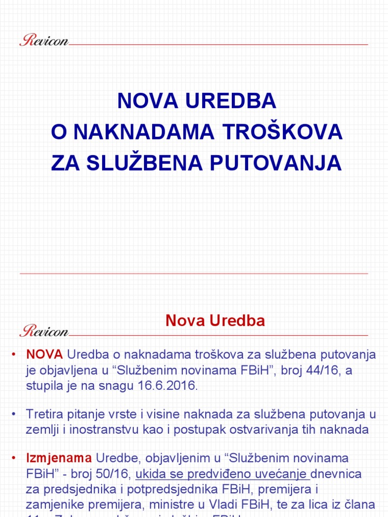 Nova Uredba o Naknadama Troskova Sluzbenog Putovanja PDF | PDF