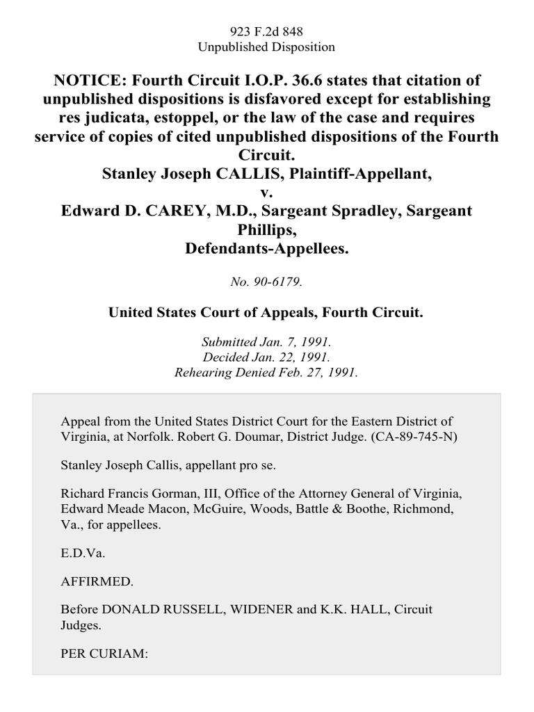 Stanley Joseph Callis v. Edward D. Carey, M.D., Sargeant Spradley ...
