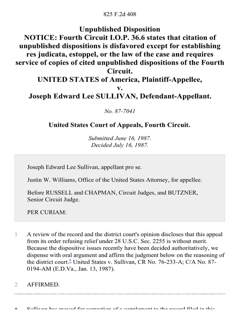 United States v. Joseph Edward Lee Sullivan, 825 F.2d 408, 4th Cir ...