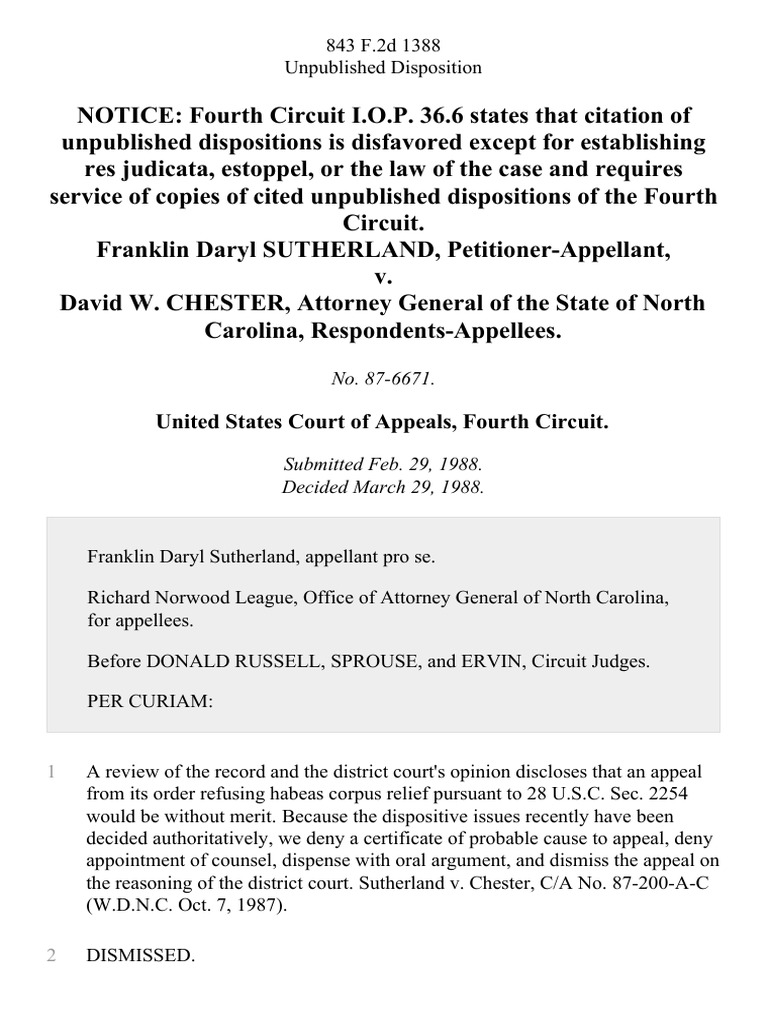 Franklin Daryl Sutherland v. David W. Chester, Attorney General of The ...