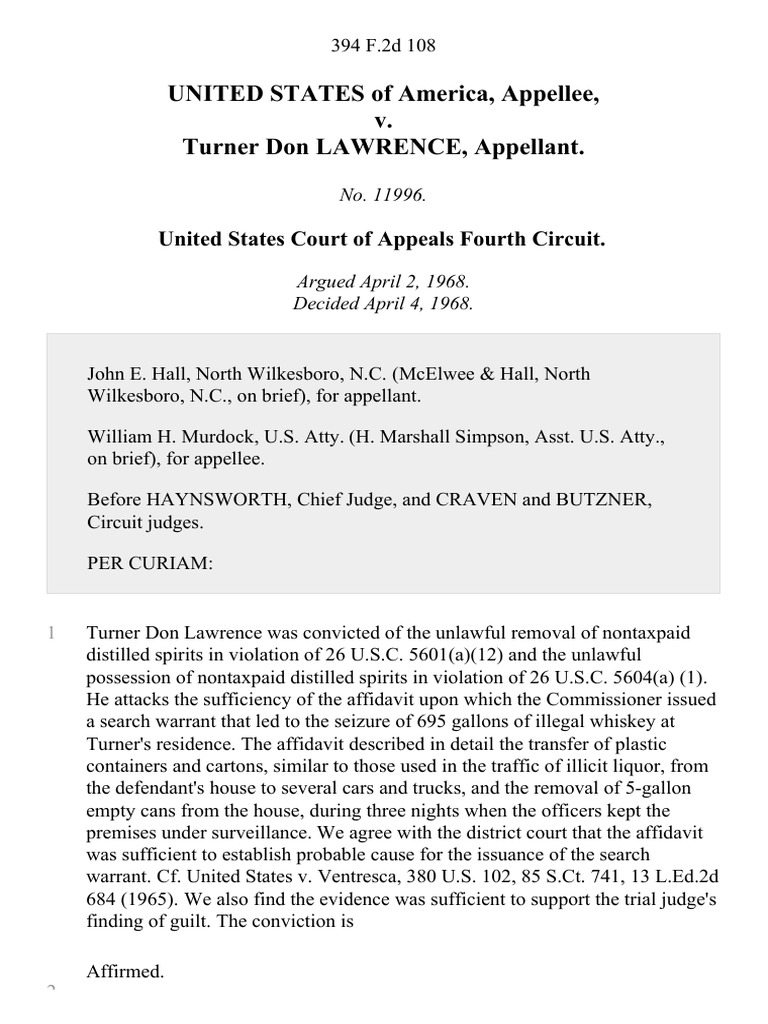 United States v. Turner Don Lawrence, 394 F.2d 108, 4th Cir. (1968 ...