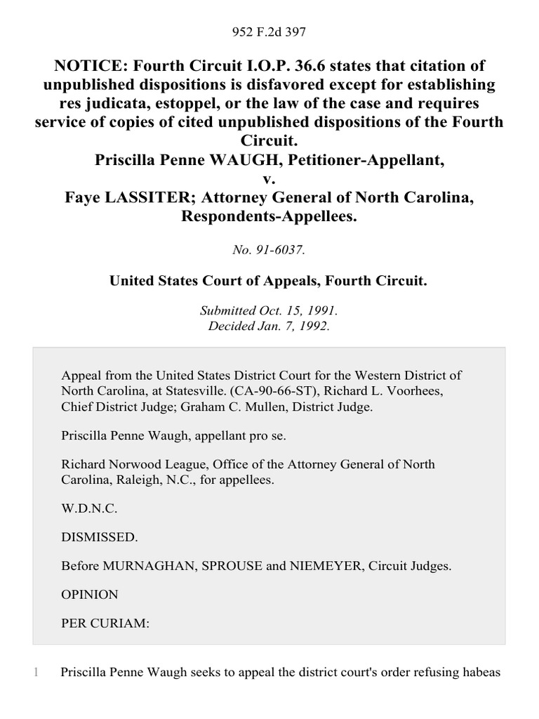 Priscilla Penne Waugh v. Faye Lassiter Attorney General of North ...