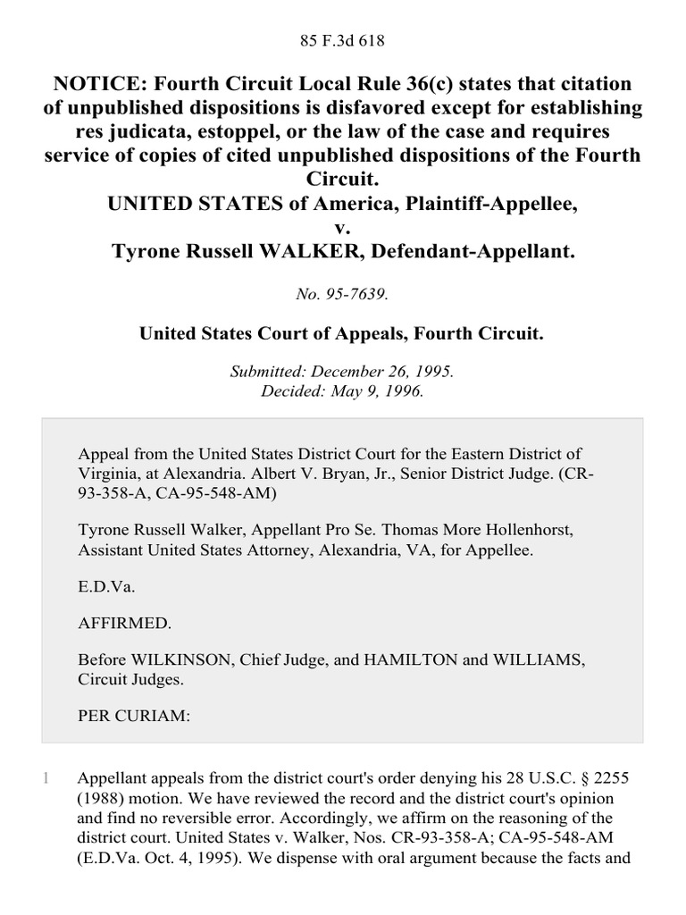 United States v. Tyrone Russell Walker, 85 F.3d 618, 4th Cir. (1996) | PDF