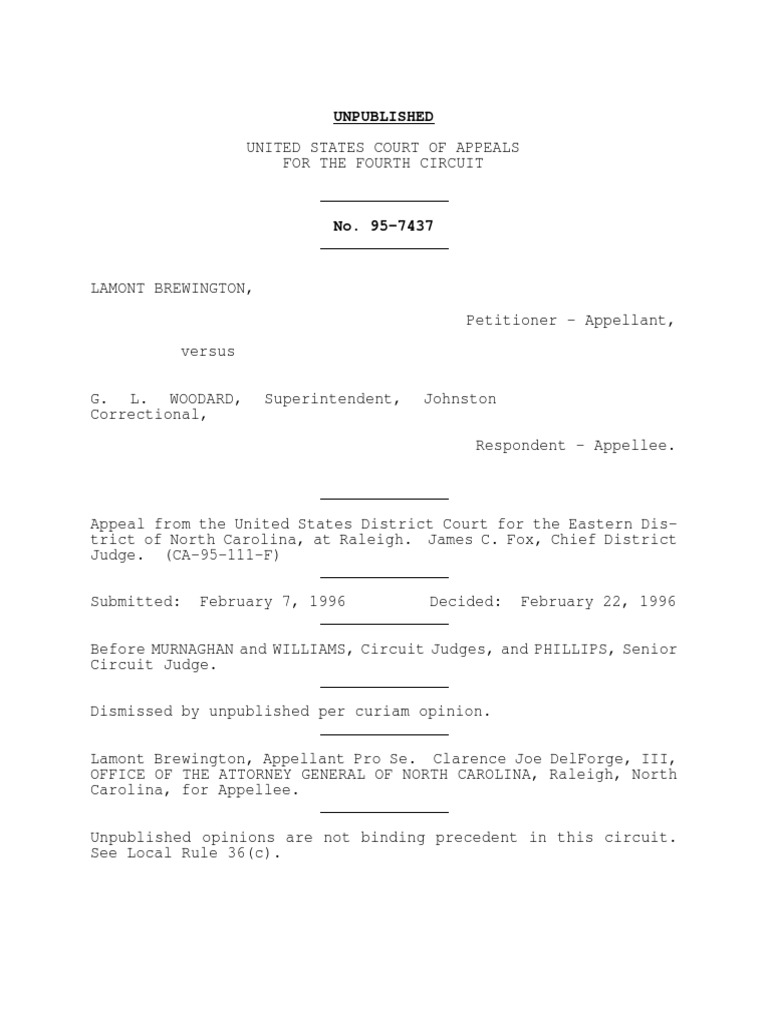 Brewington v. Woodard, 4th Cir. (1996) | PDF | Appeal | Precedent