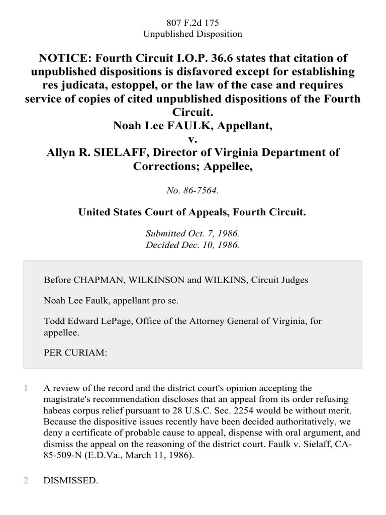 Noah Lee Faulk v. Allyn R. Sielaff, Director of Virginia Department of ...