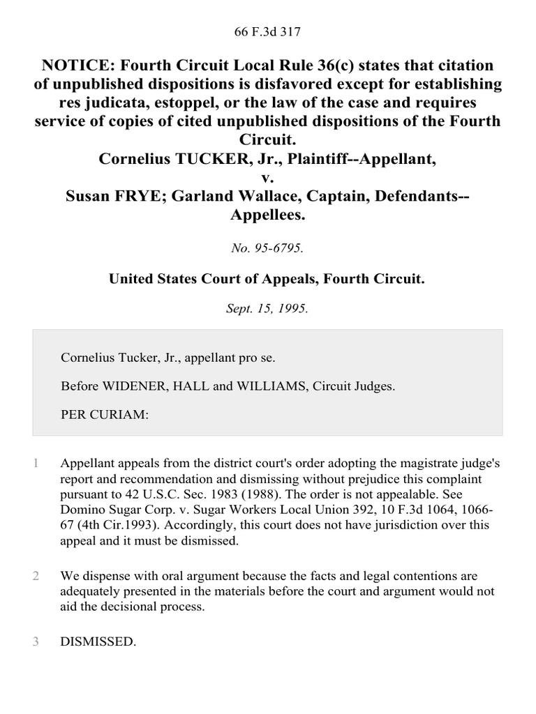 Cornelius Tucker, Jr. v. Susan Frye Garland Wallace, Captain, 66 F.3d 317, 4th Cir. (1995) | PDF