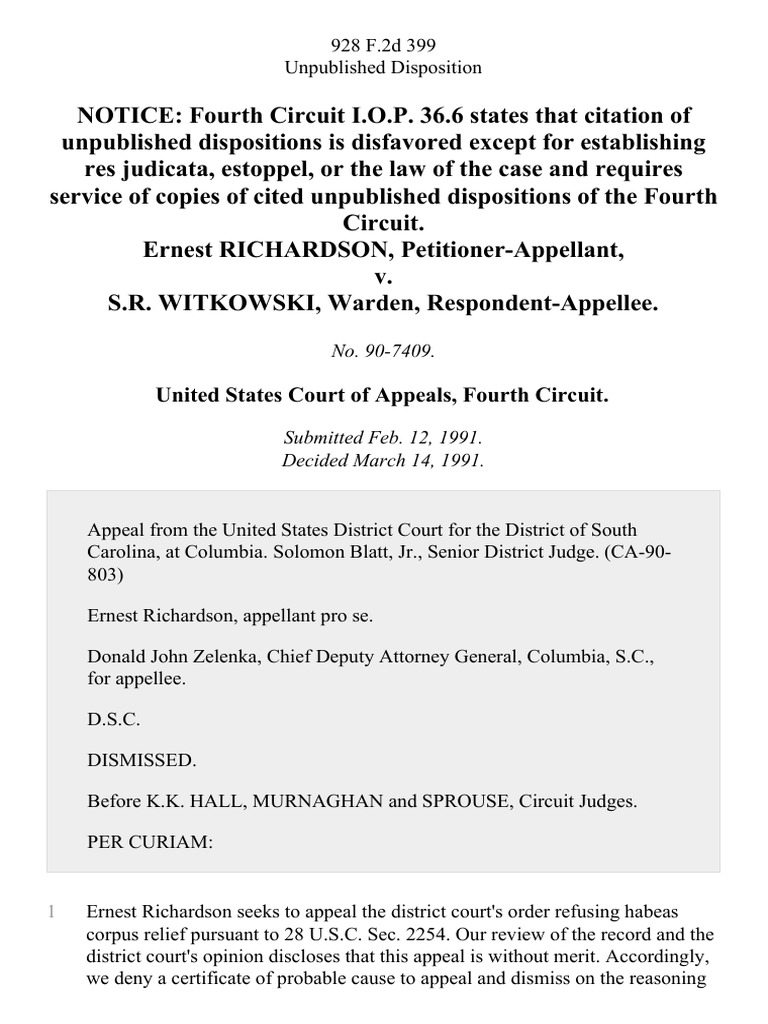 Ernest Richardson v. S.R. Witkowski, Warden, 928 F.2d 399, 4th Cir. (1991) | PDF