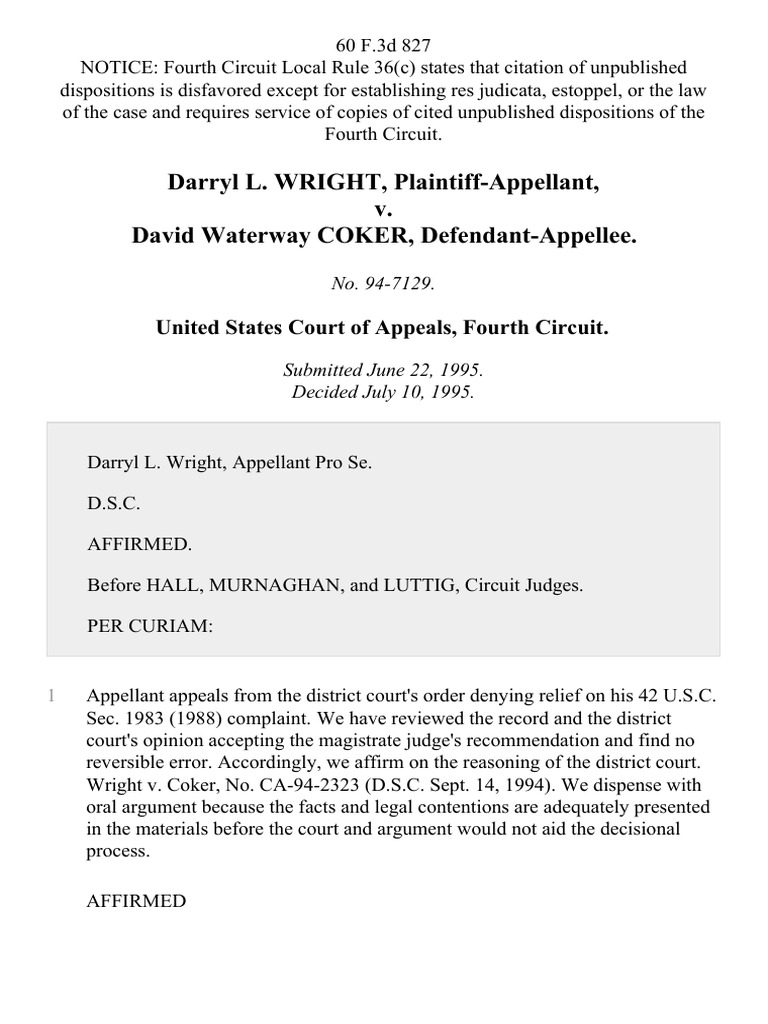Darryl L. Wright v. David Waterway Coker, 60 F.3d 827, 4th Cir. (1995) | PDF