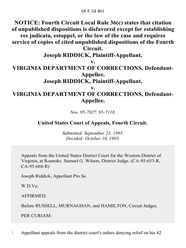 Joseph Riddick v. Virginia Department of Corrections, Joseph Riddick v ...