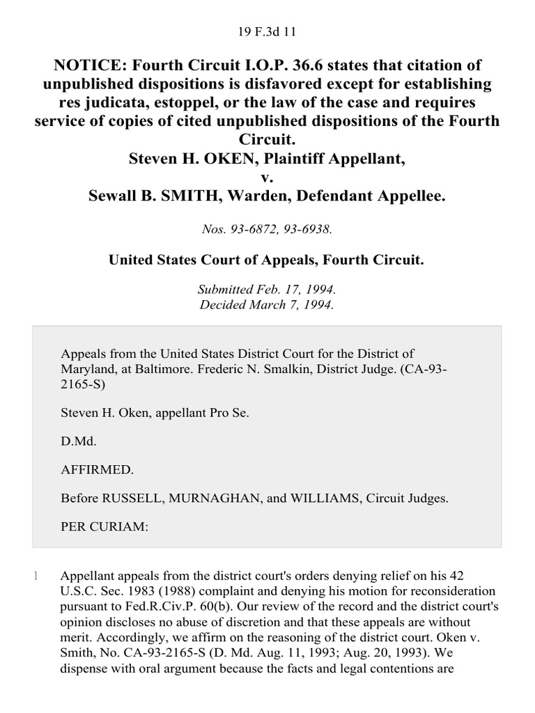 Oken v. Smith: Fourth Circuit Appeal Affirmed | PDF | Law