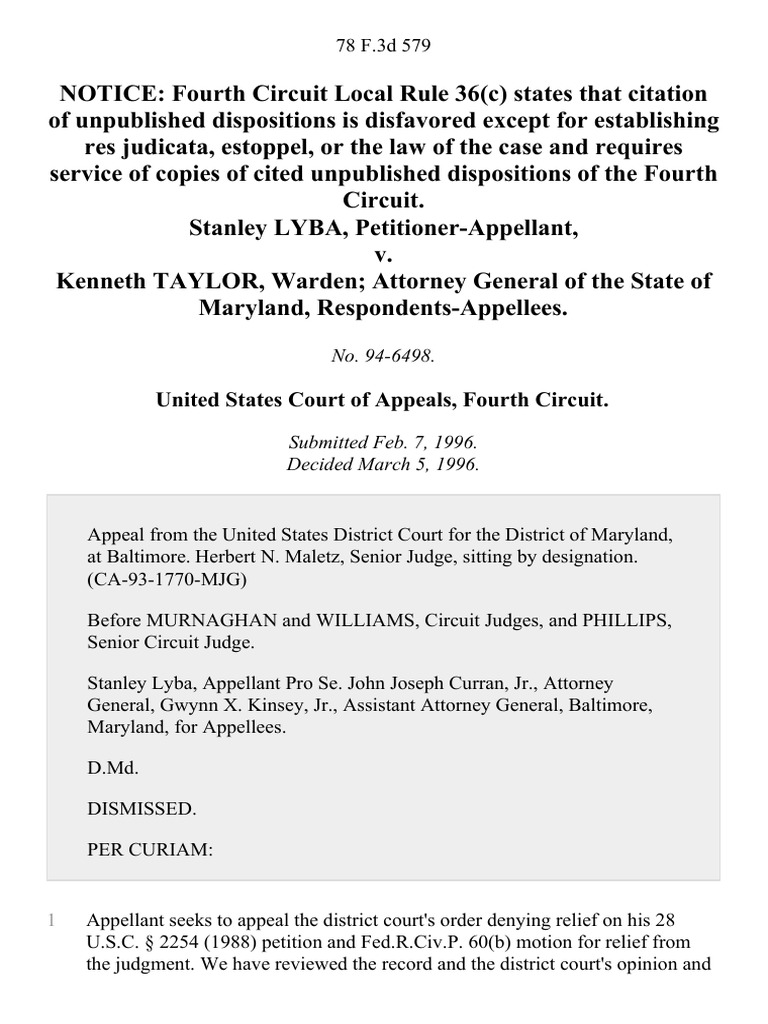 Stanley Lyba v. Kenneth Taylor, Warden Attorney General of The State of ...