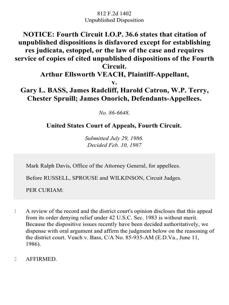 Arthur Ellsworth Veach v. Gary L. Bass, James Radcliff, Harold Catron ...