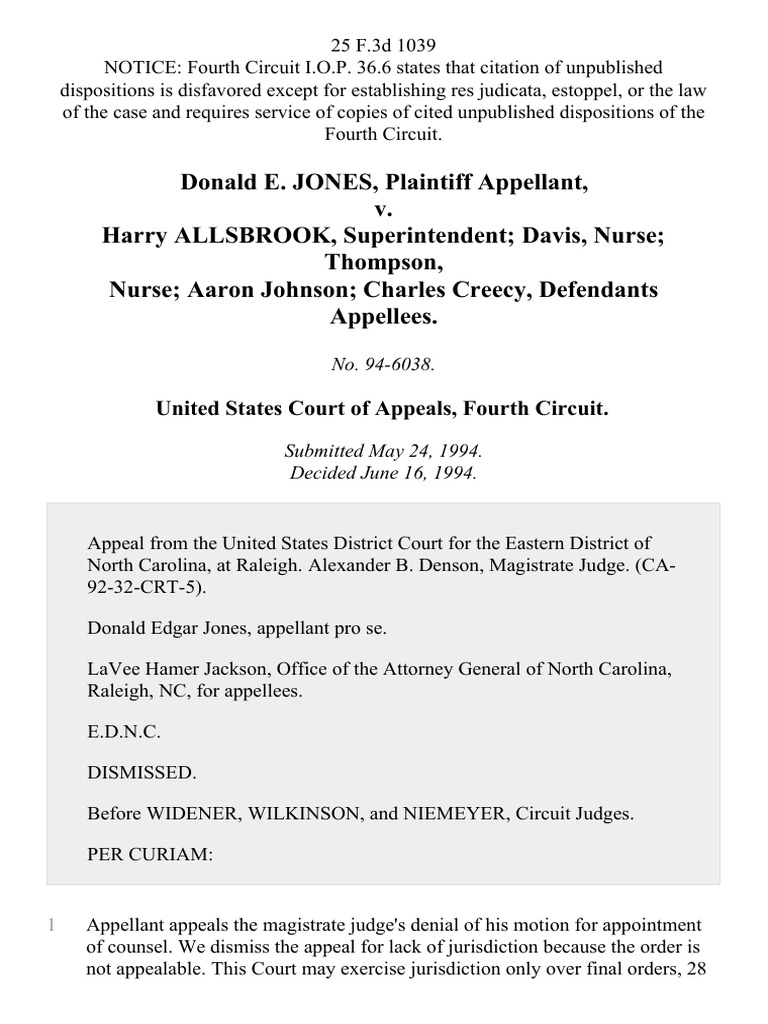 Donald E. Jones v. Harry Allsbrook, Superintendent Davis, Nurse ...
