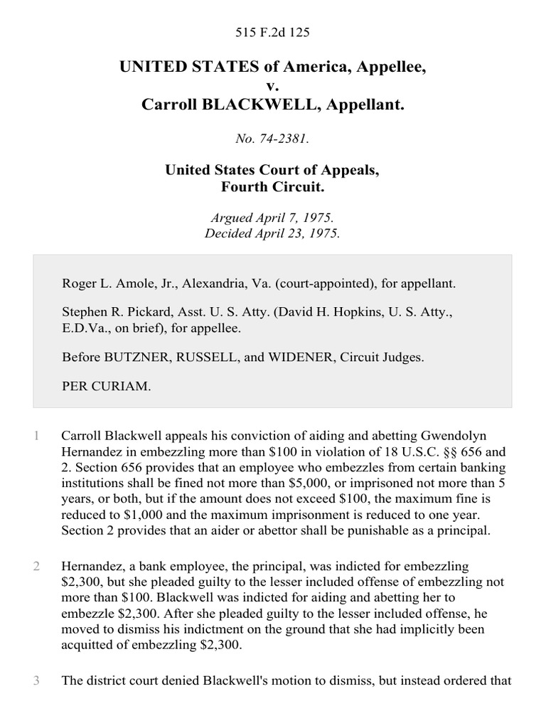 United States v. Carroll Blackwell, 515 F.2d 125, 4th Cir. (1975) | PDF