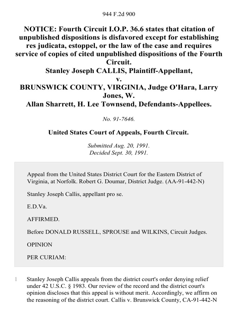 Stanley Joseph Callis v. Brunswick County, Virginia, Judge O'hara ...