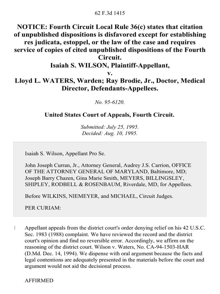 Isaiah S. Wilson v. Lloyd L. Waters, Warden Ray Brodie, JR., Doctor ...