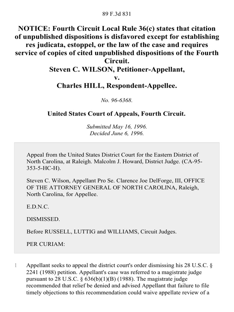 Steven C. Wilson v. Charles Hill, 89 F.3d 831, 4th Cir. (1996) | PDF