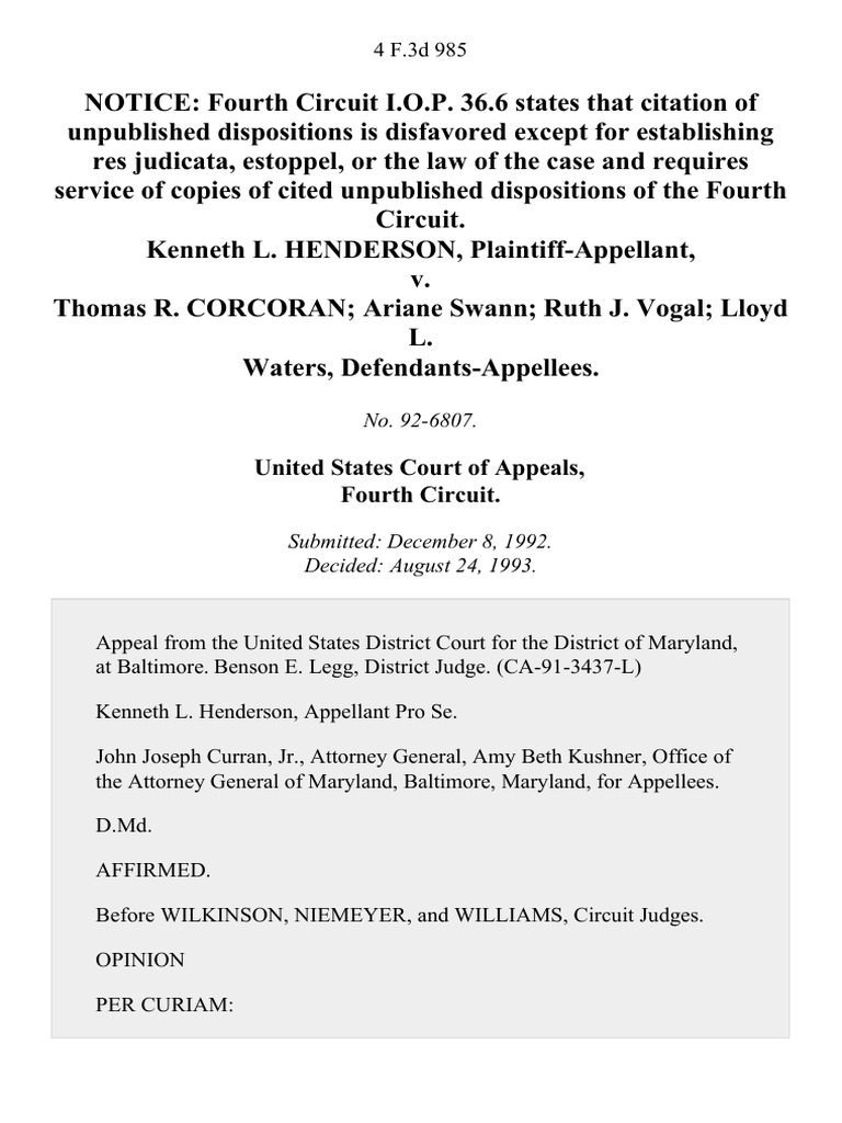 Kenneth L. Henderson v. Thomas R. Corcoran Ariane Swann Ruth J. Vogal ...