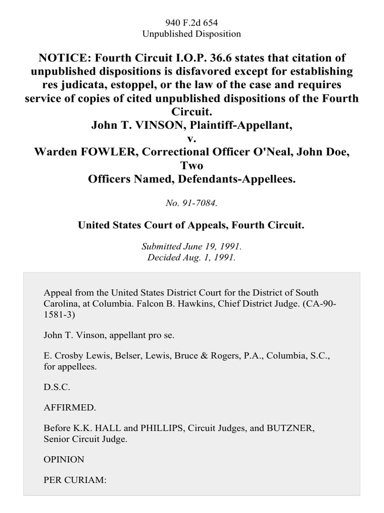 John T. Vinson v. Warden Fowler, Correctional Officer O'neal, John Doe ...