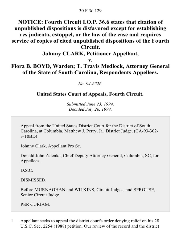 Johnny Clark v. Flora B. Boyd, Warden T. Travis Medlock, Attorney ...