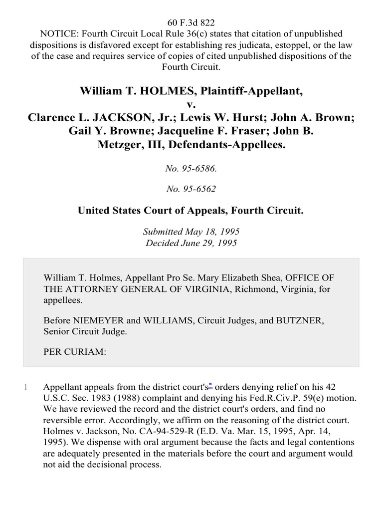 William T. Holmes v. Clarence L. Jackson, Jr. Lewis W. Hurst John A ...