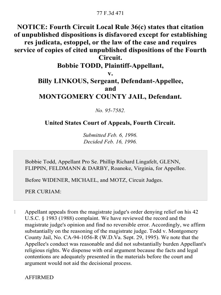 Bobbie Todd v. Billy Linkous, Sergeant, and Montgomery County Jail, 77 ...