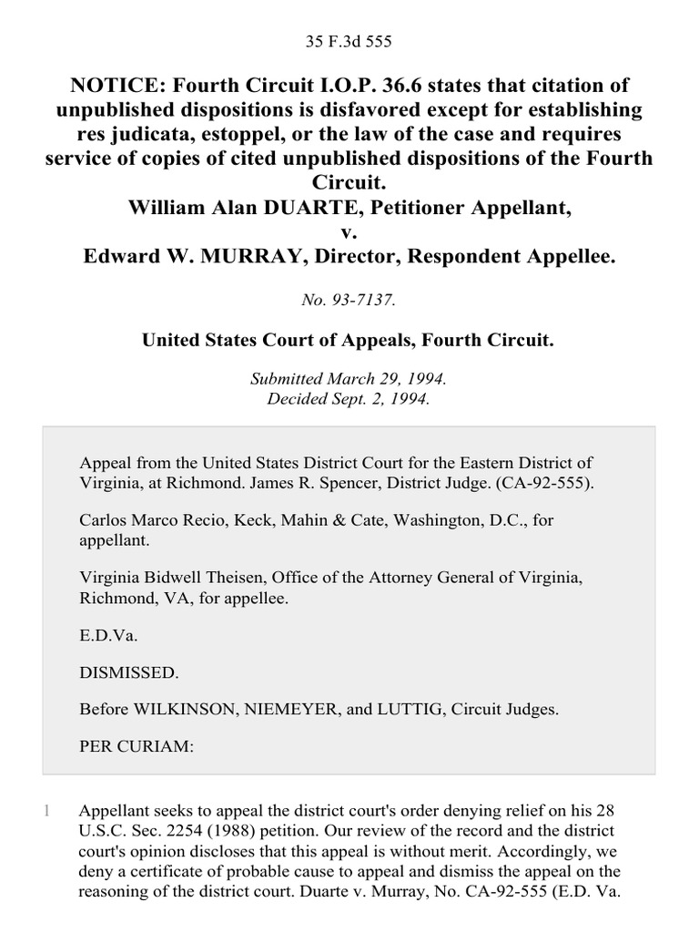 William Alan Duarte v. Edward W. Murray, Director, 35 F.3d 555, 4th Cir ...