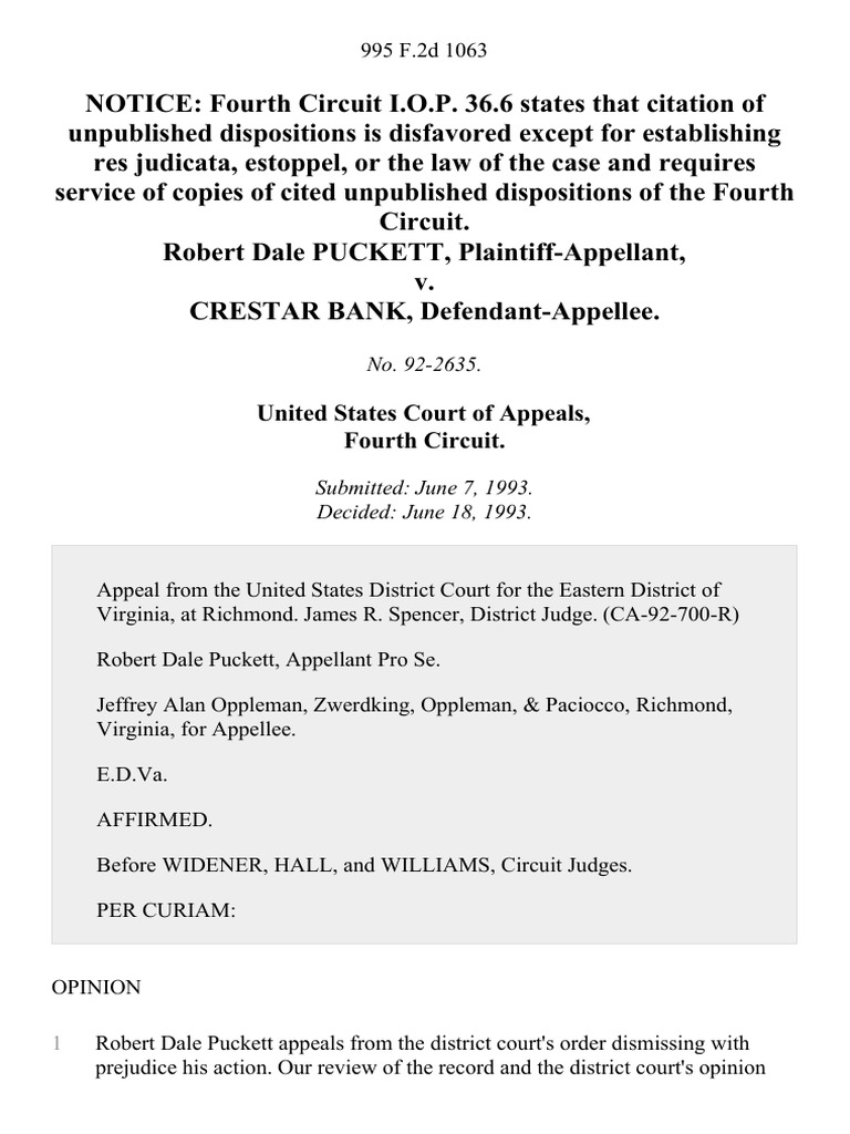 Robert Dale Puckett v. Crestar Bank, 995 F.2d 1063, 4th Cir. (1993) | PDF