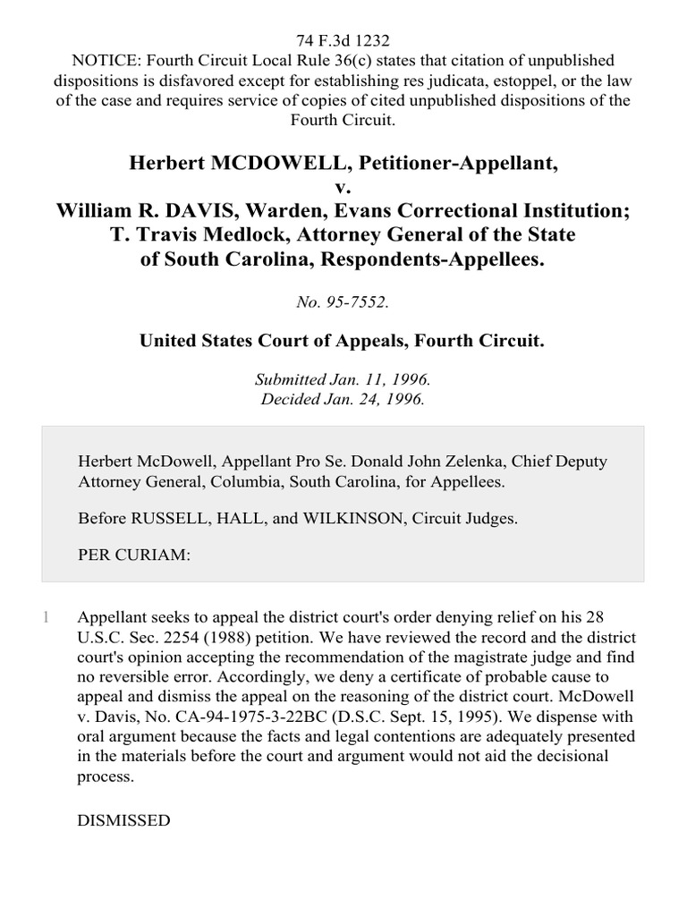 Herbert McDowell v. William R. Davis, Warden, Evans Correctional ...