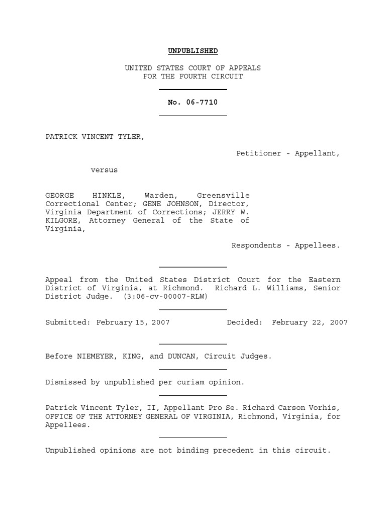 Tyler v. Hinkle, 4th Cir. (2007) | PDF | Law