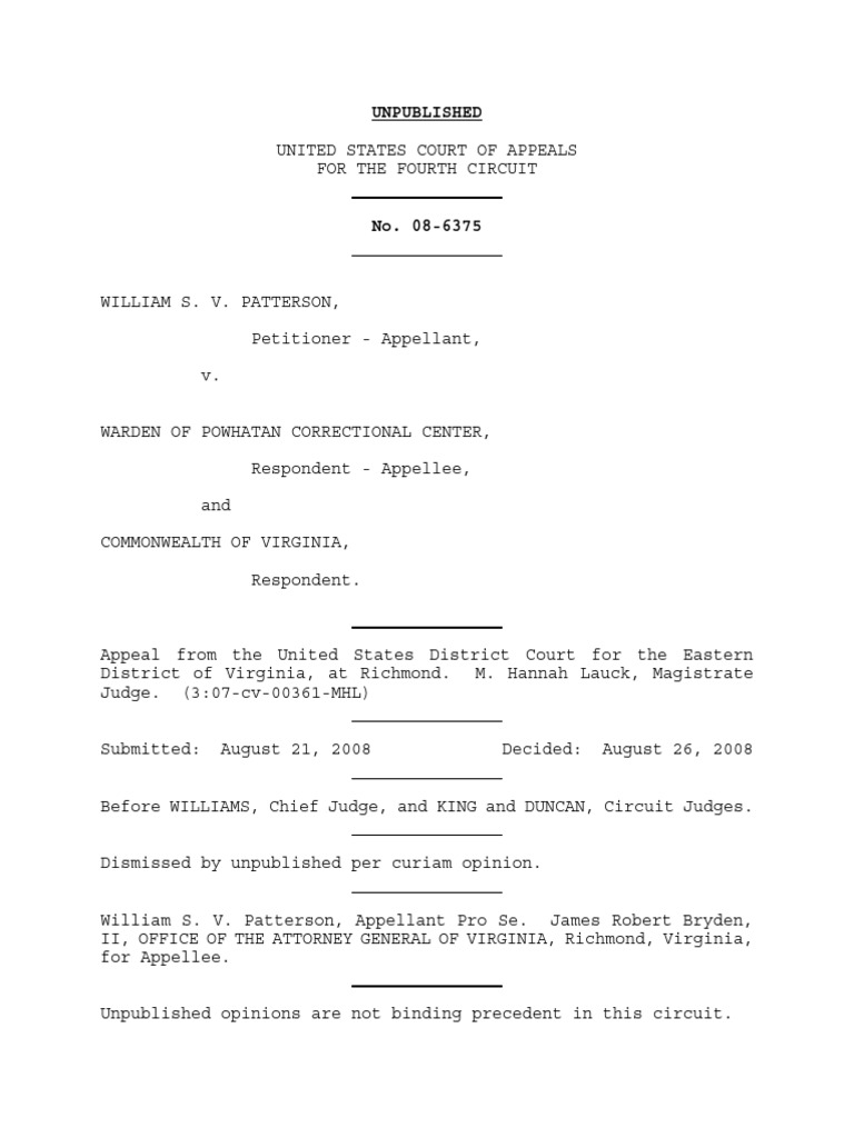 Patterson v. Warden of Powhatan Correctional, 4th Cir. (2008) | PDF