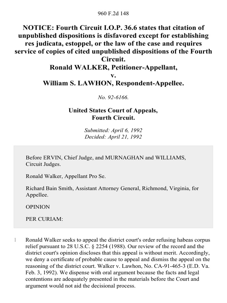 Ronald Walker v. William S. Lawhon, 960 F.2d 148, 4th Cir. (1992) | PDF