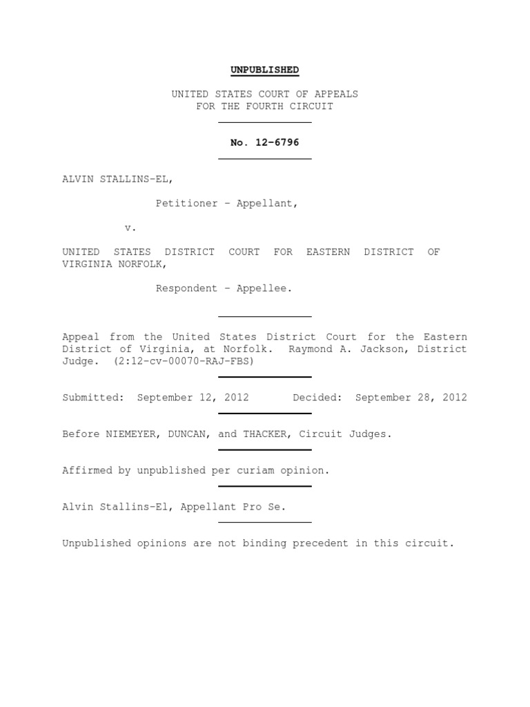 Alvin Stallins-El v. USDC EDVA, 4th Cir. (2012) | PDF | Law