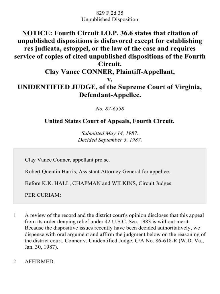 Fourth Circuit Ruling on Conner v. Judge | PDF | Law