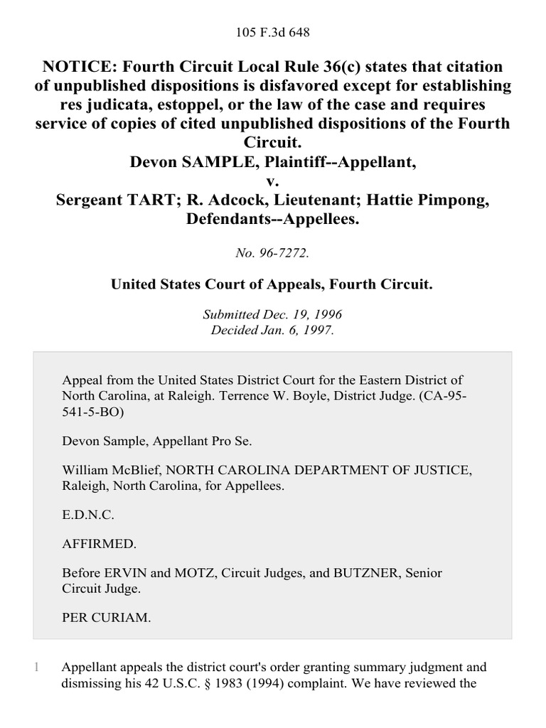 Devon Sample v. Sergeant Tart R. Adcock, Lieutenant Hattie Pimpong, 105 ...