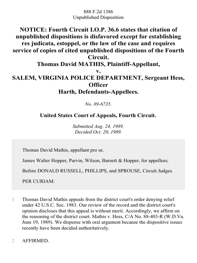 Thomas David Mathis v. Salem, Virginia Police Department, Sergeant Hess ...