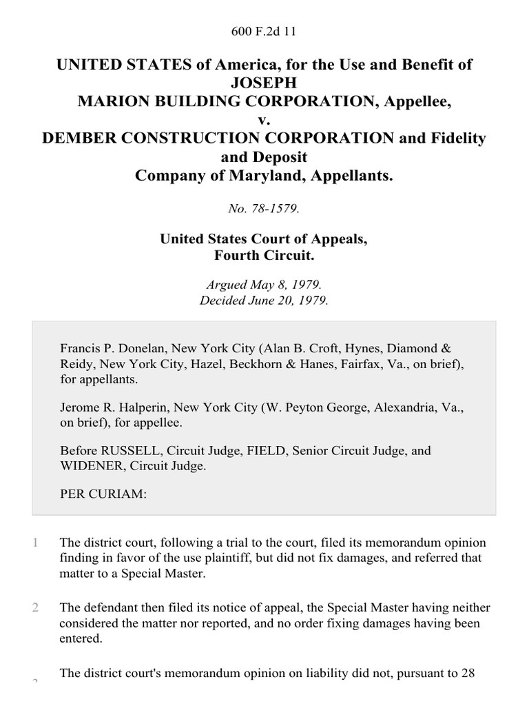 United States of America, For The Use and Benefit of Joseph Marion ...