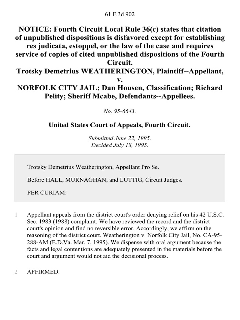 Trotsky Demetrius Weatherington v. Norfolk City Jail Dan Housen ...