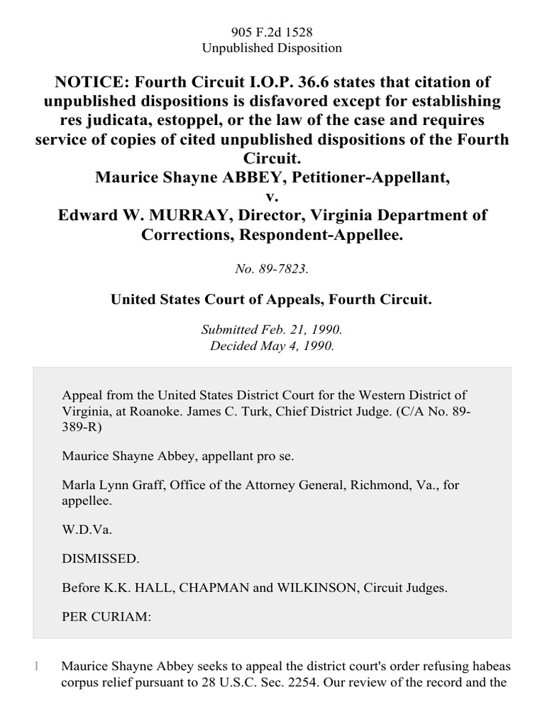Maurice Shayne Abbey v. Edward W. Murray, Director, Virginia Department ...