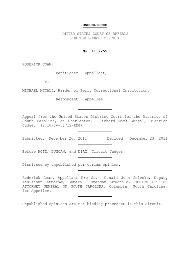 Roderick Coan v. Michael McCall, 4th Cir. (2011) | PDF