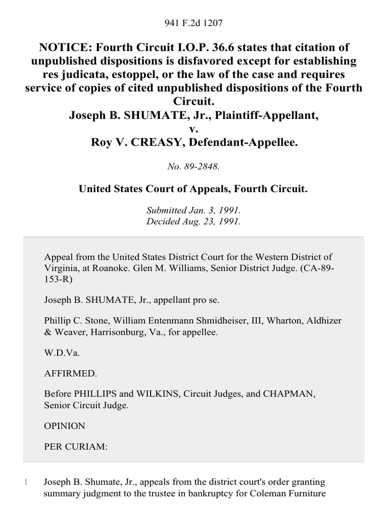 Joseph B. Shumate, Jr. v. Roy v. Creasy, 941 F.2d 1207, 4th Cir. (1991) | PDF