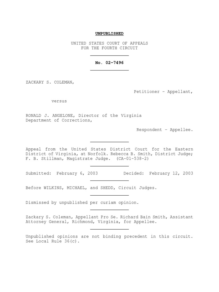 Coleman v. Angelone, 4th Cir. (2003) | PDF | Supreme Court Of Virginia ...