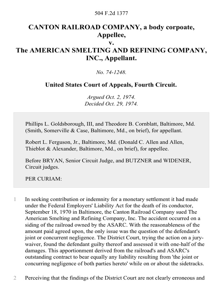 Canton Railroad Company, A Body Corpoate v. The American Smelting and ...