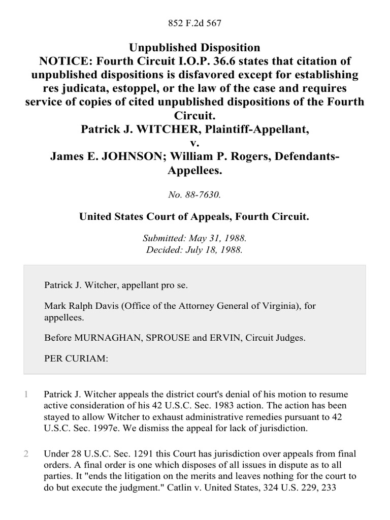 Patrick J. Witcher v. James E. Johnson William P. Rogers, 852 F.2d 567, 4th Cir. (1988) | PDF